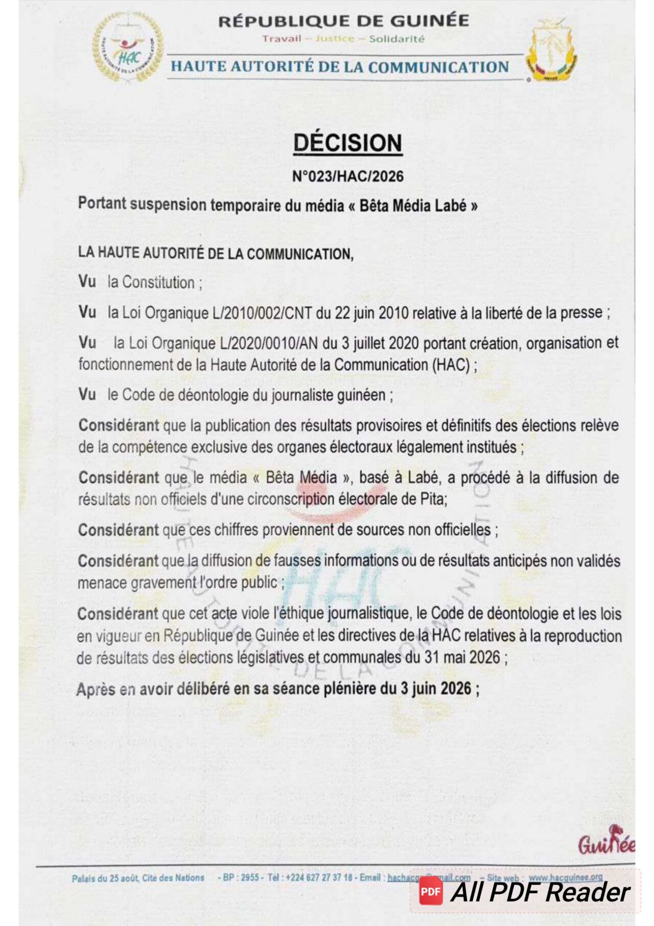 Guinée: La HAC) a suspend Béta Média Labé pour une durée de 5 mois ...